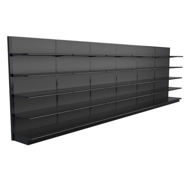 Black Wall Display Shelving System - 24ft Wide, 84"H, 22"D, 30 Shelves