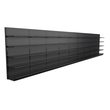 Black Gondola Retail Wall Shelving - 36ft Wide, 84"H, 19"D, 45 Shelves