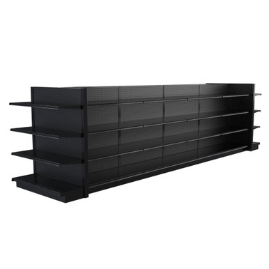 Wide Black Gondola Shelving for Bulk Inventory 20ft Wide, 22"D Shelves