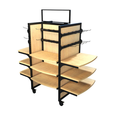 Wood Rolling Gondola 59W 62H – 12 Shelves, 8 Hangbars & 100 Peghooks ...