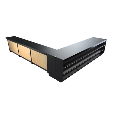 Wood Lozier L-Shaped Checkout Counter with 27 Shelves 12FT x 12FT | DGS ...