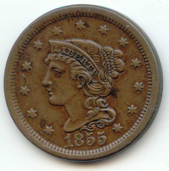 1855 Upright 5's Braided Hair Large Cent, XF-AU Details - ebwcoin