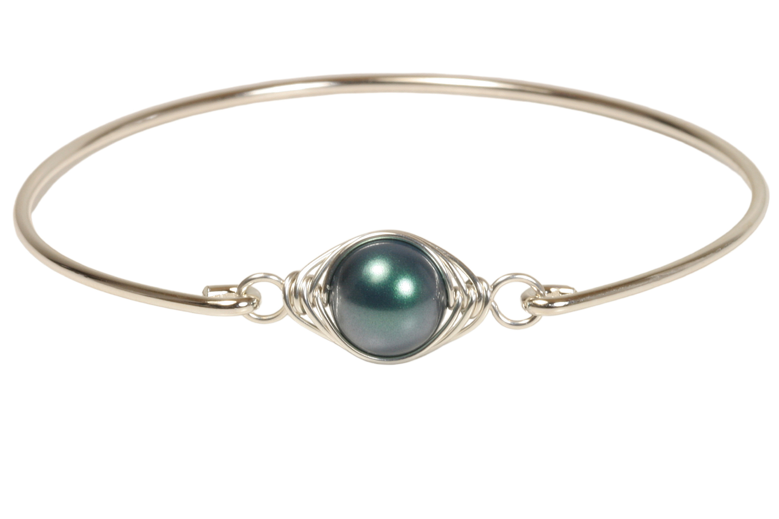 Sterling Silver Iridescent White Pearl Bangle Bracelet - Free Shipping