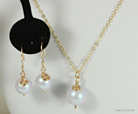 Gold Powder Blue Pearl Necklace - Available with Matching Earrings