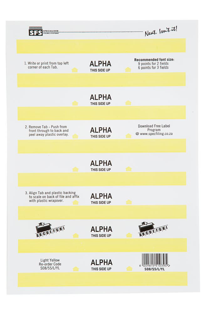 SFS 55mm Alpha Adhesive Tab in Light Yellow - 6 Sheets per Pack (55mm x ...