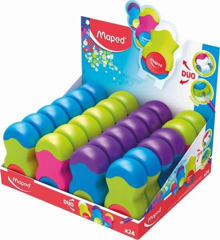 MAPED DUO Sharpener/Eraser Loopy 1 Hole Colourful - Each Display Pack