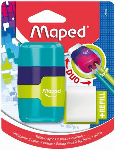 MAPED DUO Sharpener/Eraser Connect 2 Holes Colourful Carded - Office Gear