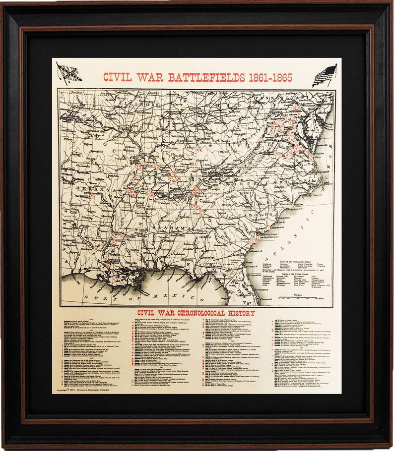 Framed Civil War Battlefields Map 1861-1865 with Mat. Made in USA ...