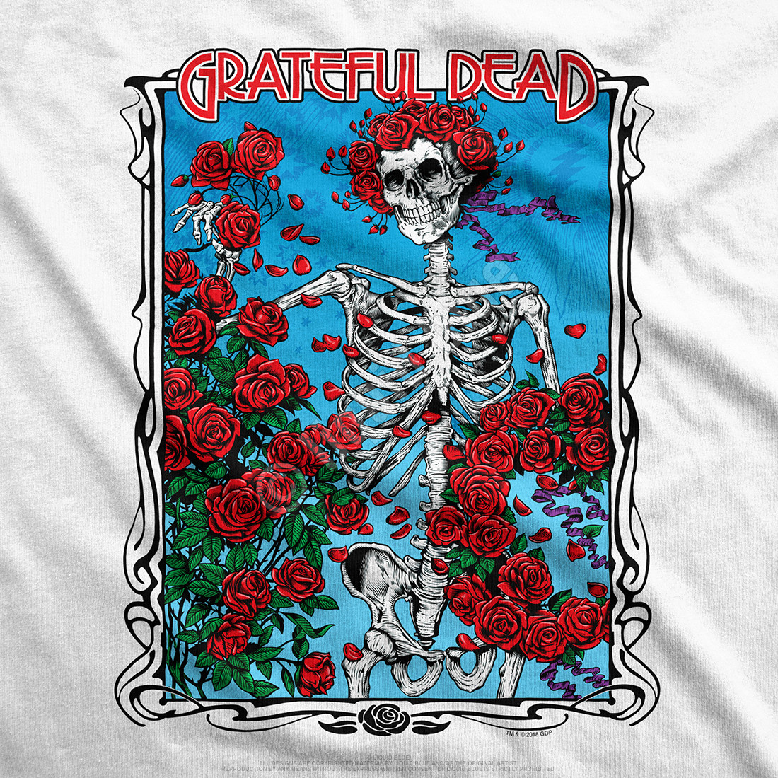 Grateful Dead Bertha Wheel & Roses White Athletic T-Shirt Tee Liquid Blue