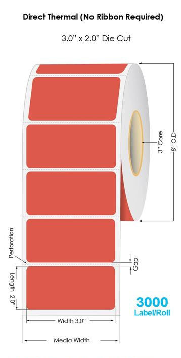 Industrial Red Direct Thermal 3x2 Floodcoated Labels 3000/Roll
