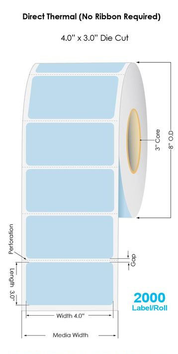 Industrial Blue Direct Thermal 4x3 Floodcoated Labels 2000/Roll