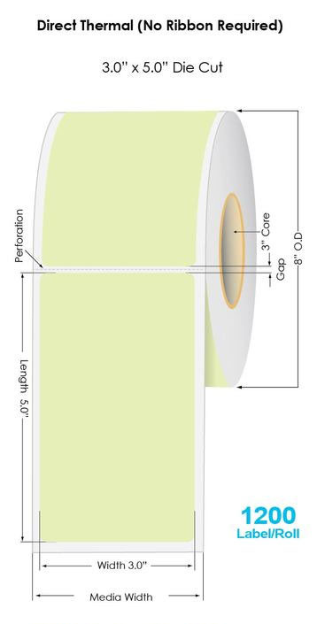 Industrial Green Direct Thermal 3x5 Floodcoated Labels 1200/Roll