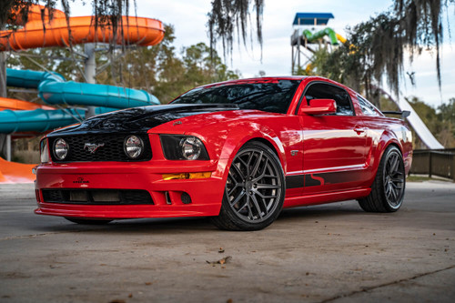 Steeda Mustang Trident Gloss Titanium Staggered Wheel & Tire Package ...