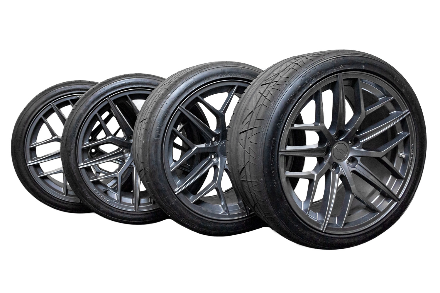 Steeda Mustang Trident Gloss Titanium Staggered Wheel & Tire Package ...