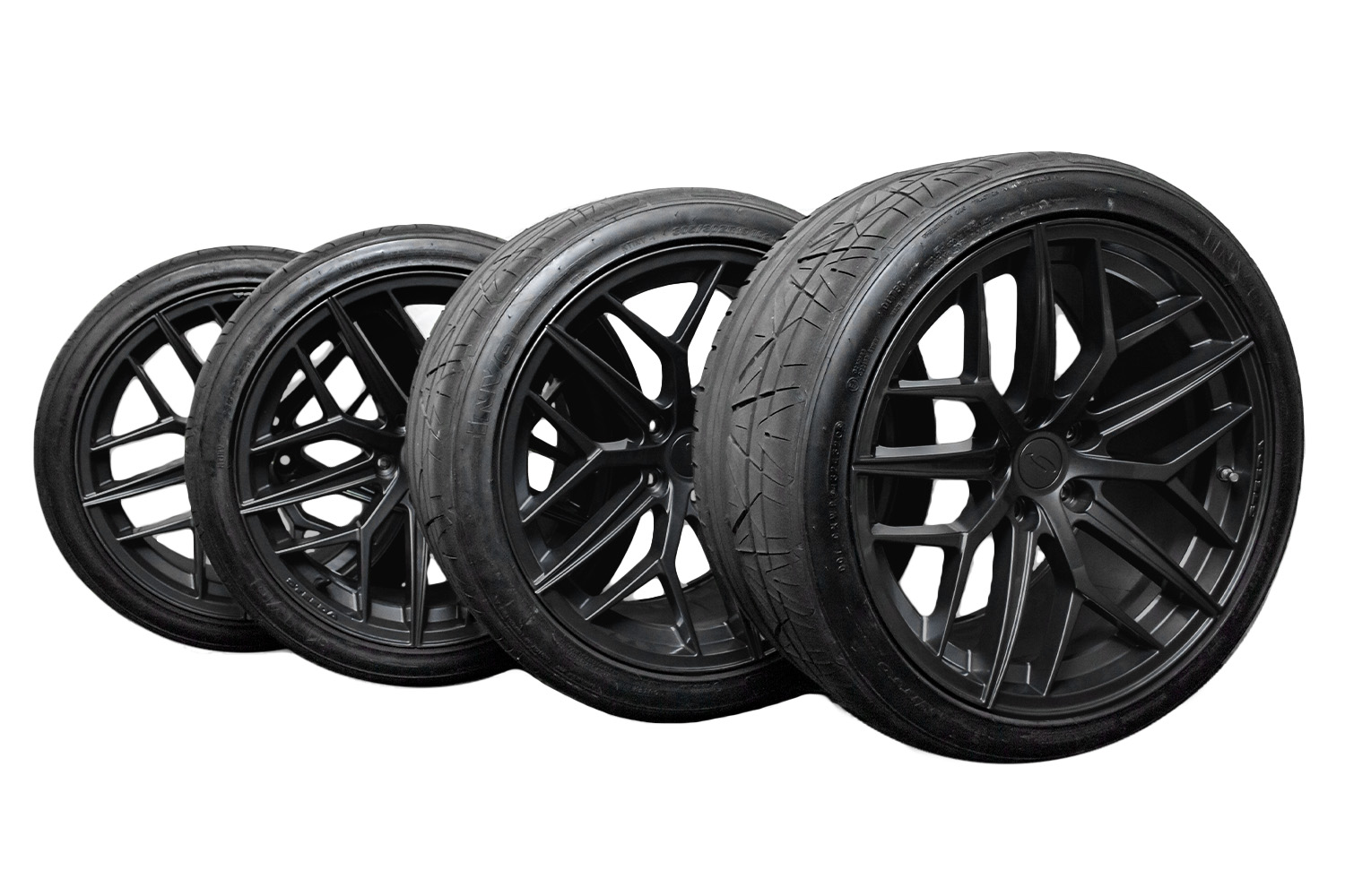 Steeda Mustang Trident Satin Black Staggered Wheel & Tire Package ...