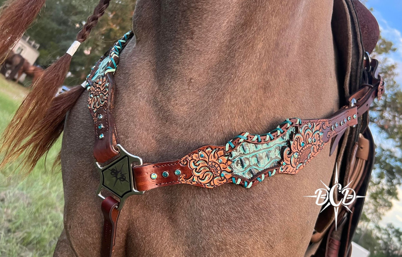 Fancy Teal Sunflower tooled Breastcollar**