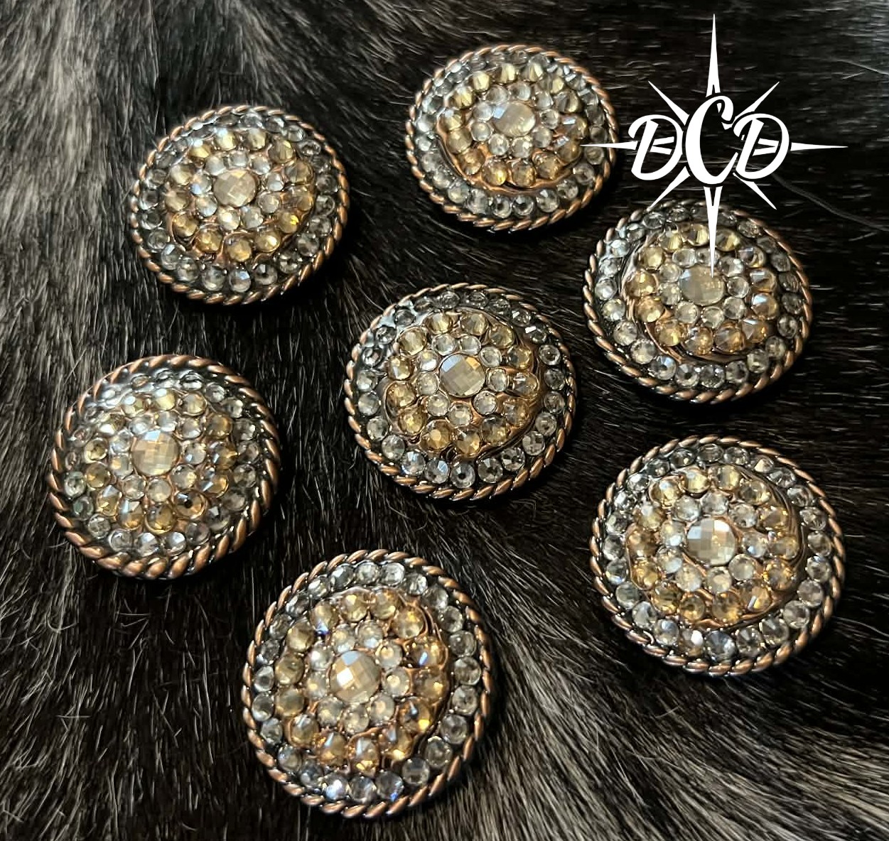 Copper Rope Edge concho with clear and golden crystals 1.25