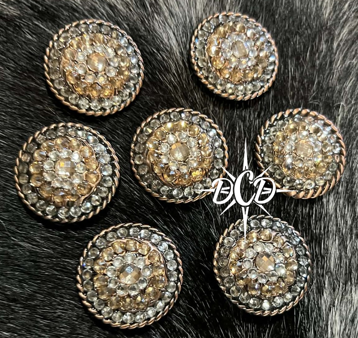 Copper Rope Edge concho with clear and golden crystals 1.25