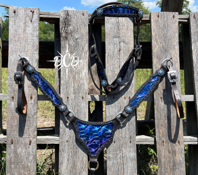 "The Storm" Lightning print Metallic Blue Bucksttich Trim tack set