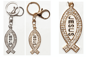 2.5" Gold & Silver Crystal Stone Fish Shaped JESUS Keychains .62 ea ...