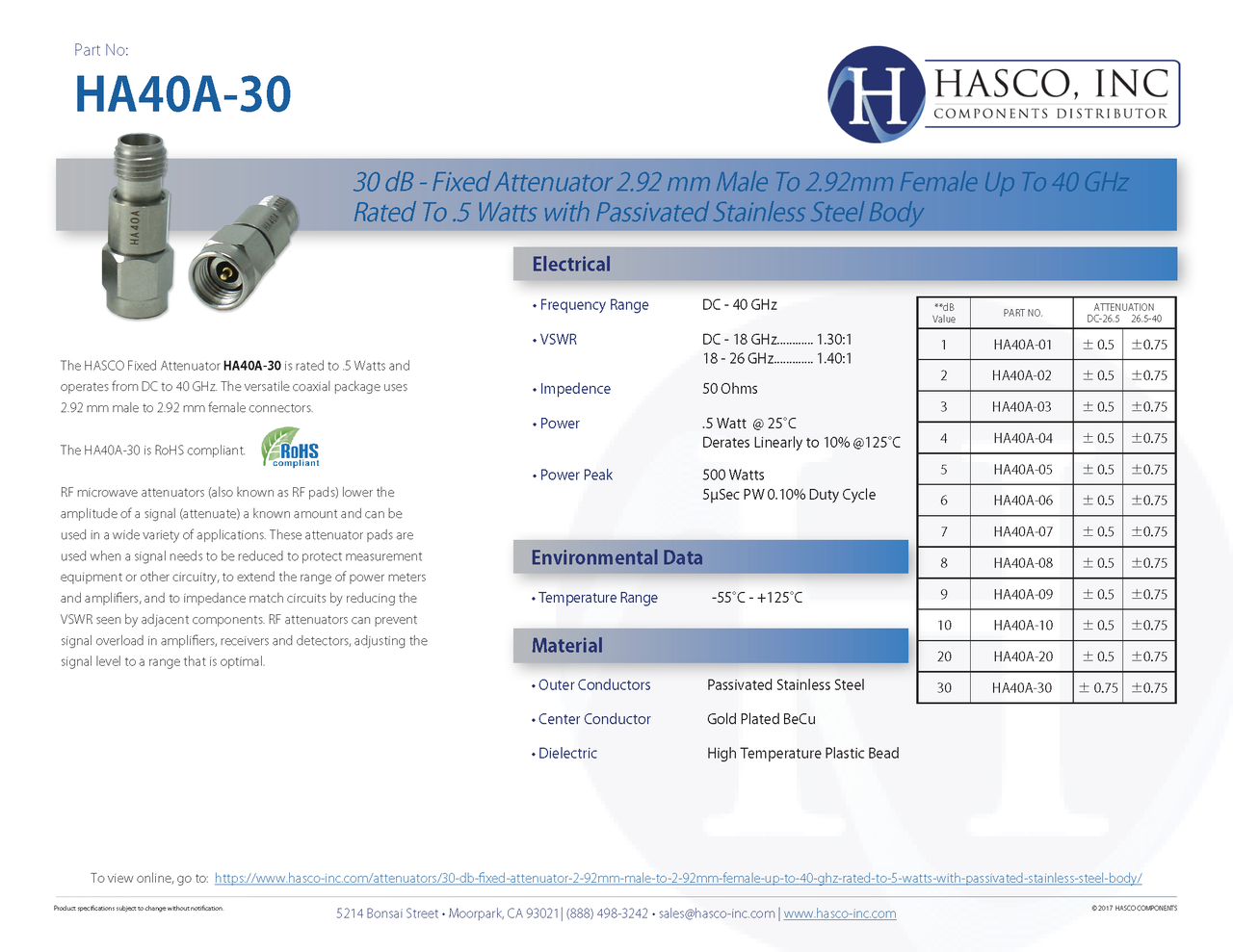 HA40A-30,30 dB, Attenuator 2.92mm Male To 2.92mm Female, 40 GHz