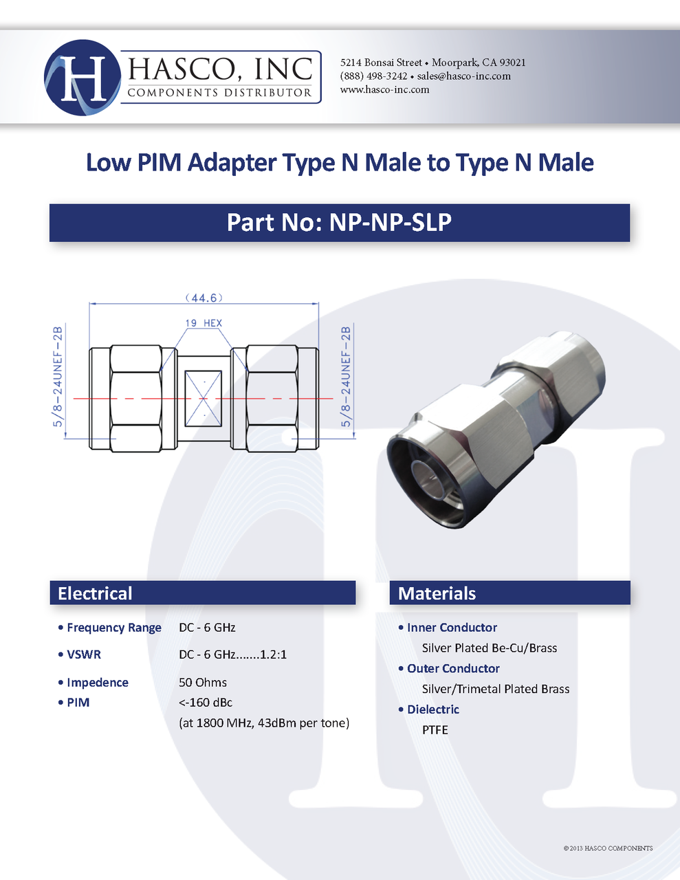 NP-NP-SLP - HASCO N Male to N Type Male Low PIM Adapter - 160 dBc