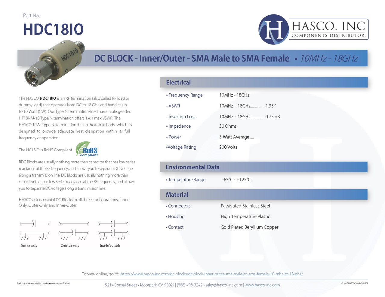 DC Blocks - Inner/Outer SMA Male to SMA Female, 10 MHz to 18 GHz