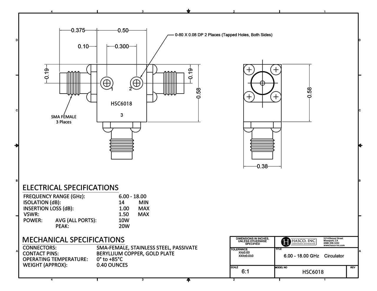 HSC6018 SMA Circulator 6 to 18 GHz, 10 Watts HASCO Components