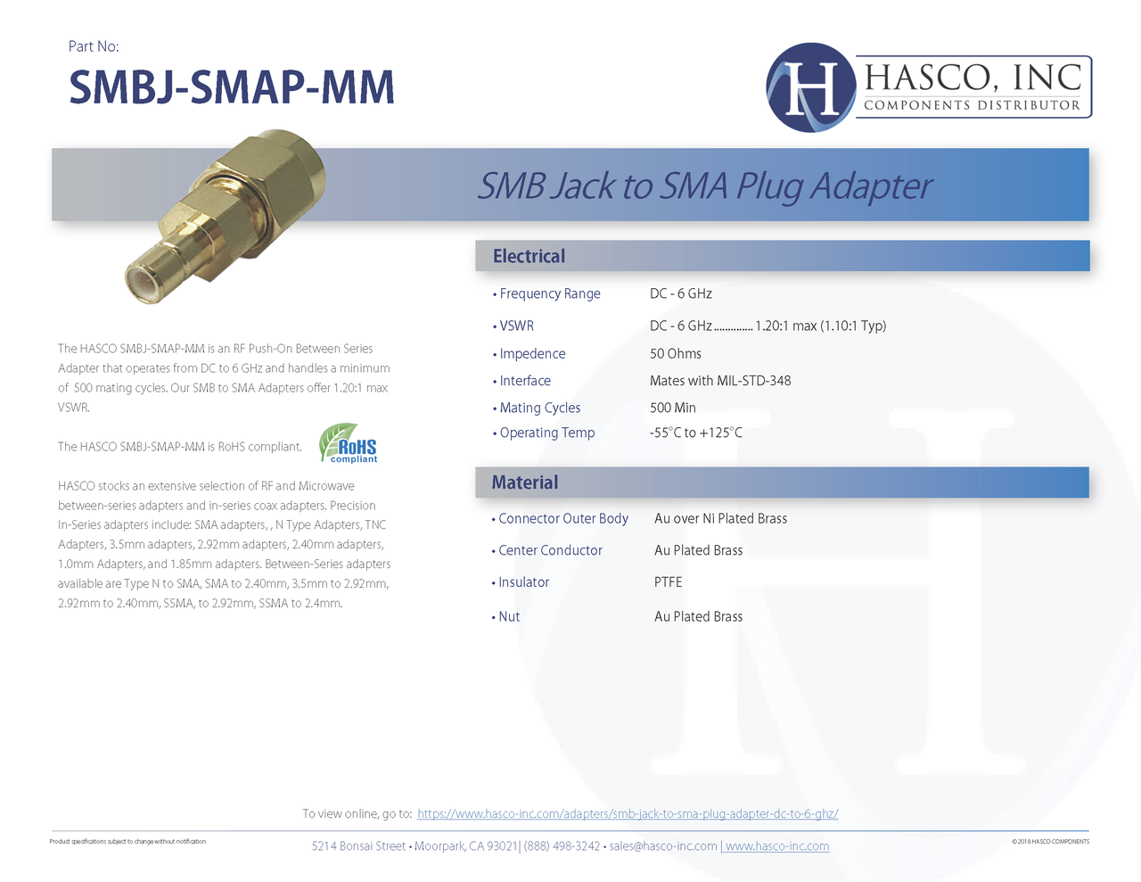 SMBJ-SMAP-MM SMB Jack to SMA Plug Adapter,6 GHz