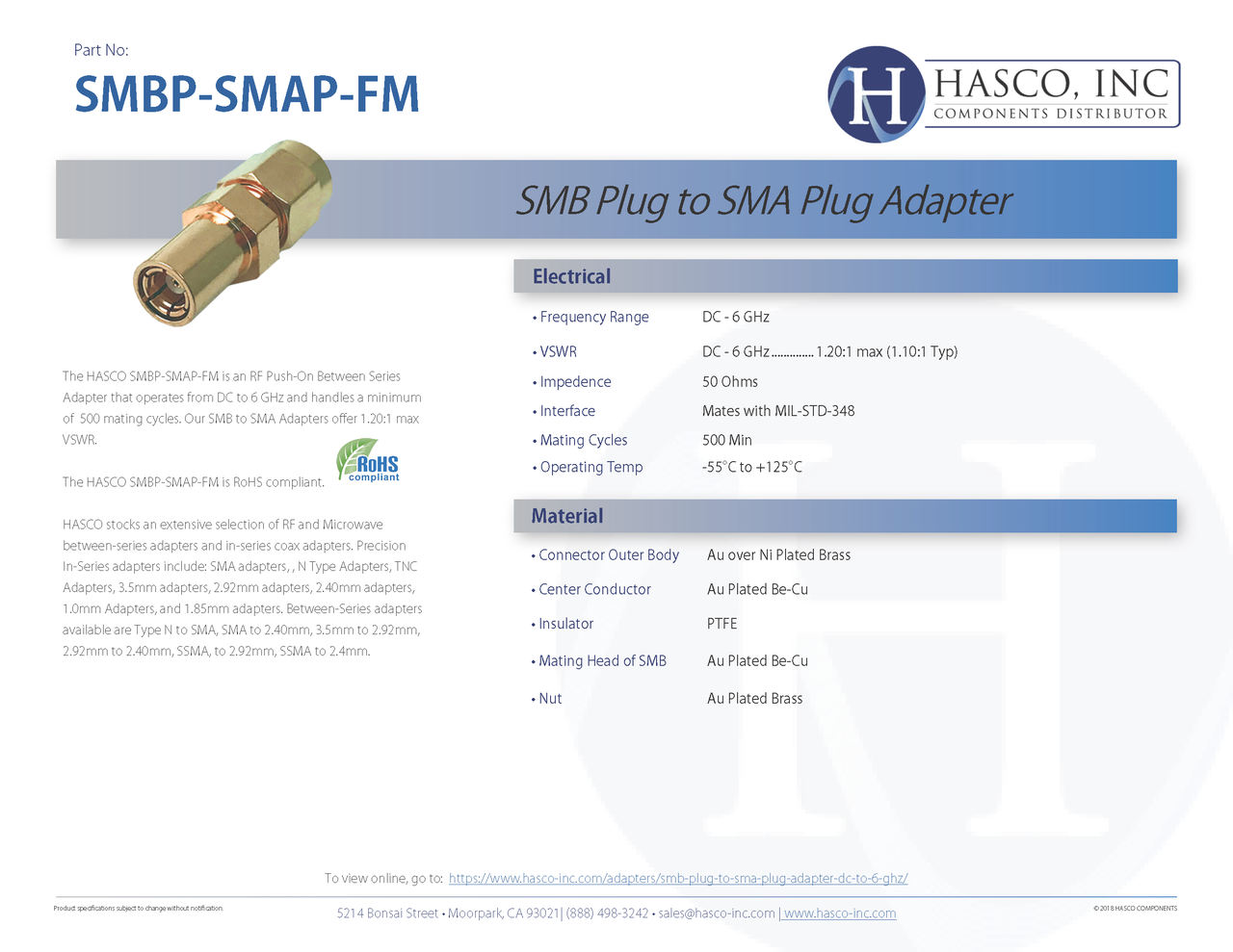 SMBP-SMAP-FM SMB Plug to SMA Plug Adapter, 6 GHz