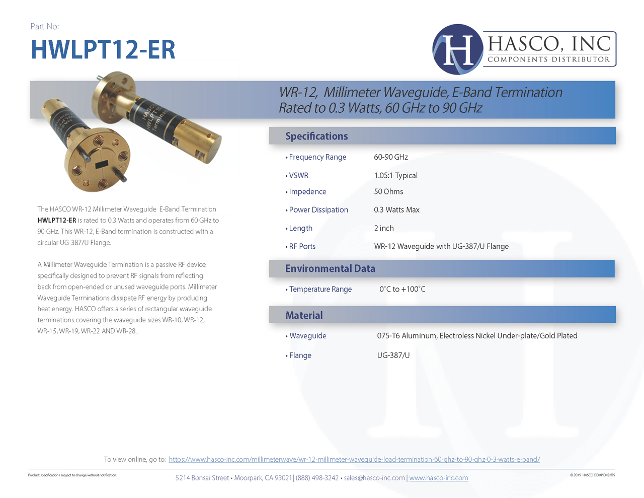 WR-12 Waveguide Termination, 60 GHz to 90 GHz, HWLPT12-ER