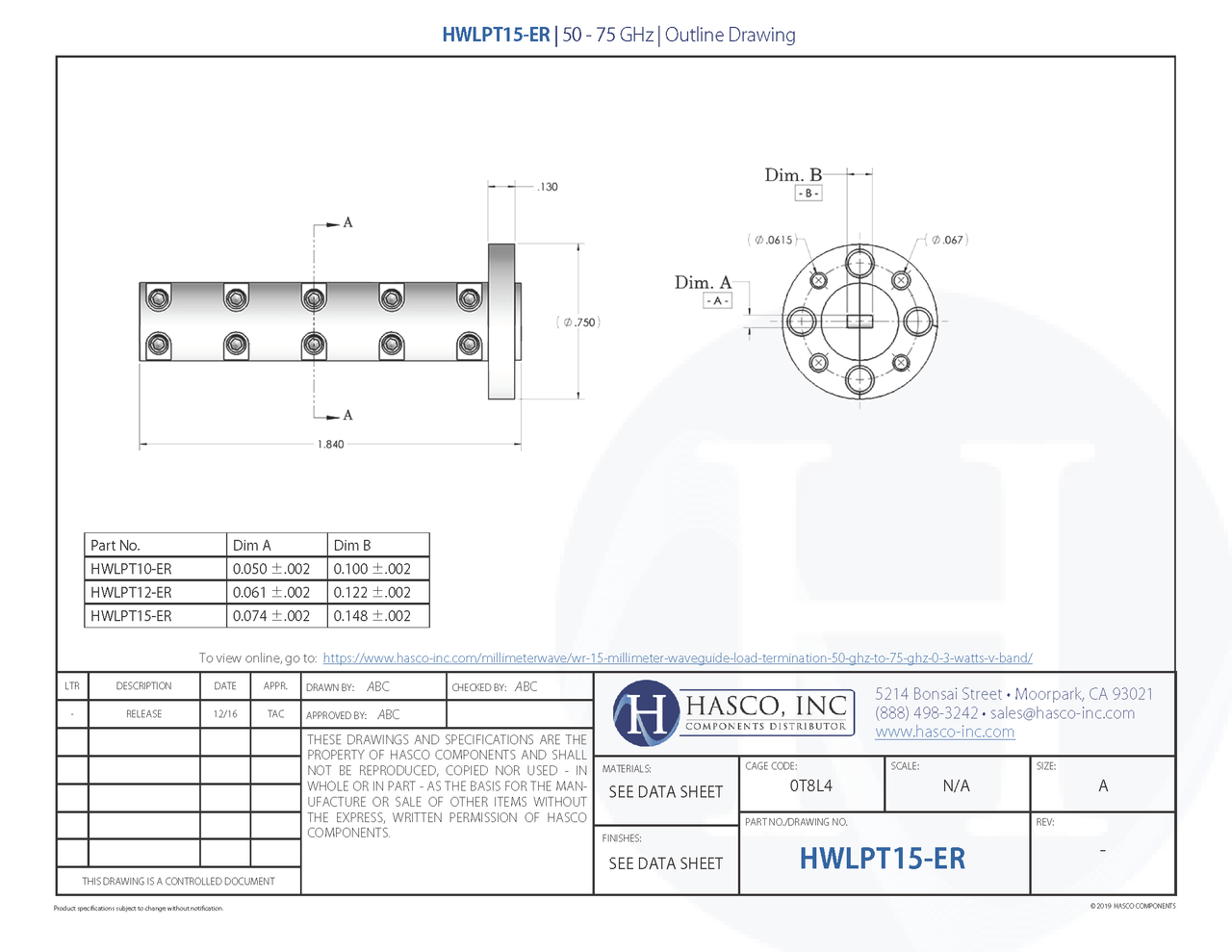 WR-15 Waveguide Load Termination, 50 GHz to 75 GHz, HWLPT15-ER