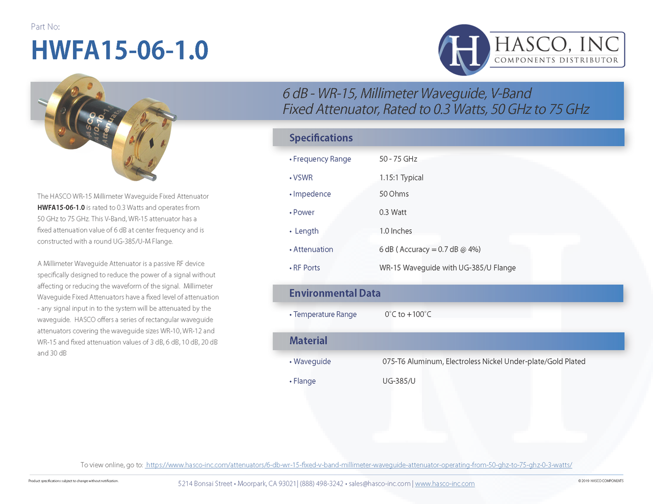 6 dB,WR-15 V Band Attenuator, 6 dB Attenuation, HWFA15-10-1.0