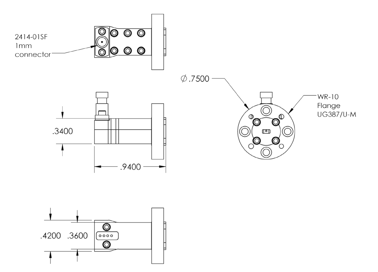 Precision Waveguide to Coax Adapter, WR-10 to 1.0mm Female