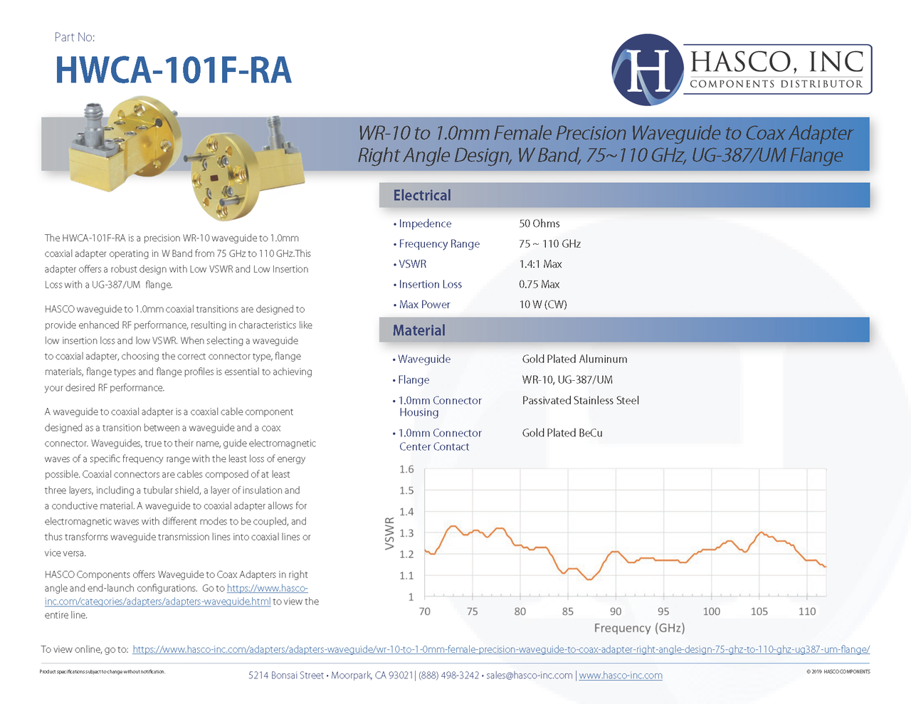 Precision Waveguide to Coax Adapter, WR-10 to 1.0mm Female