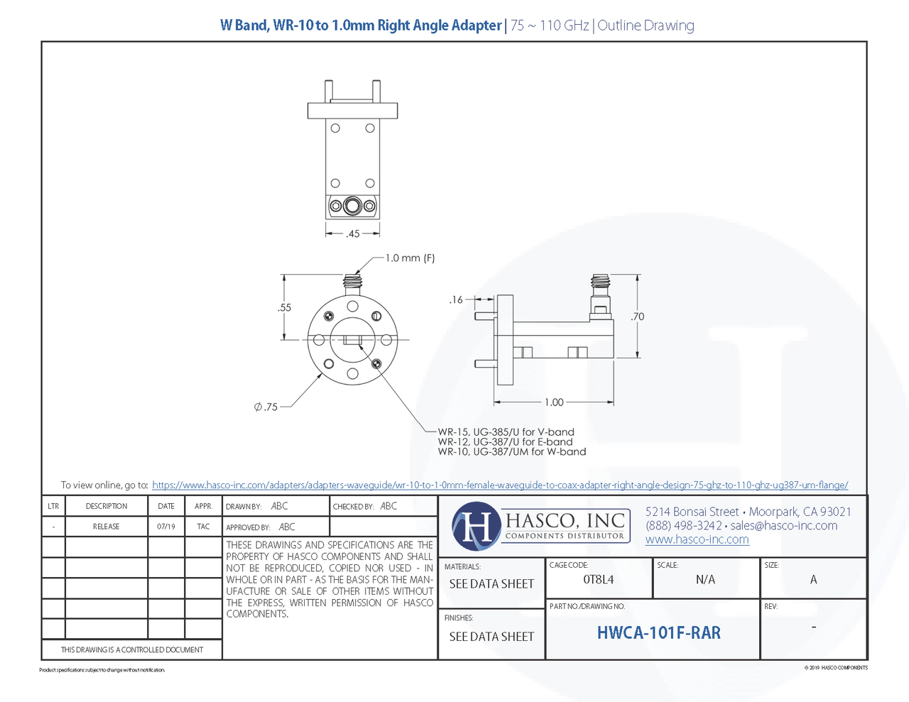 Waveguide to Coax Adapter, WR-10 to 1.0mm Female, UG387\UM