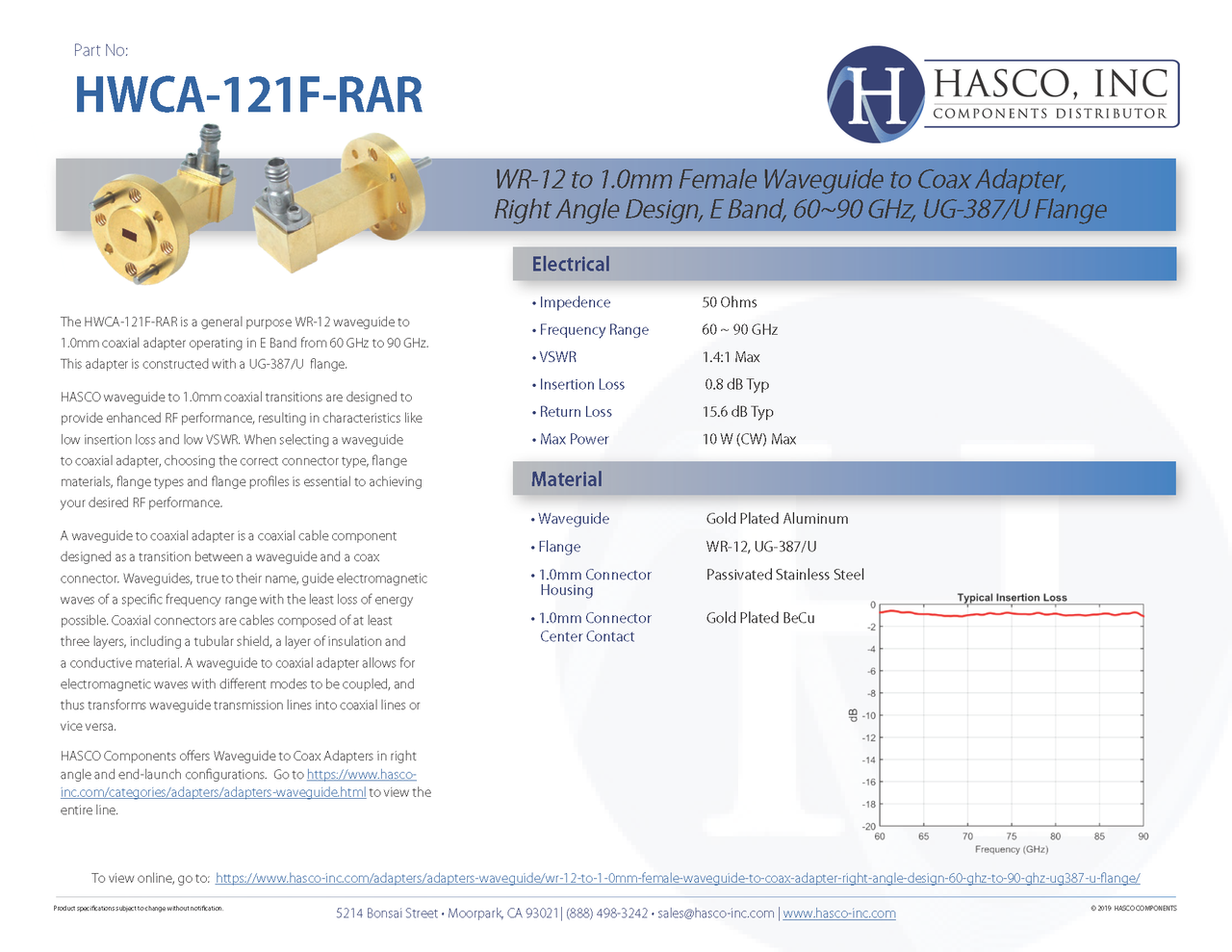 Waveguide to Coax Adapter, WR-12 to 1.0mm Female, UG387\U