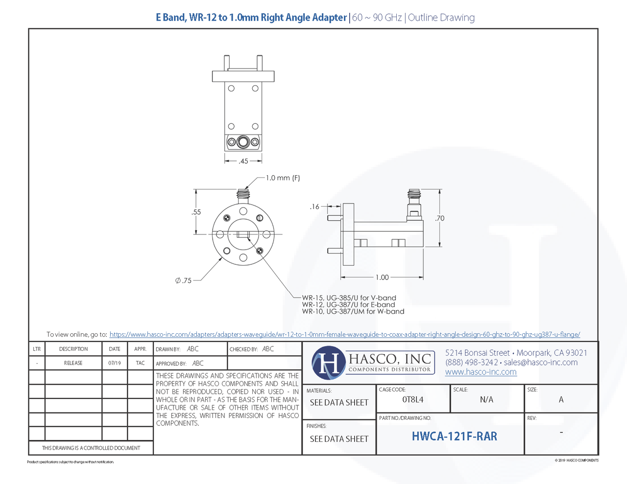 Waveguide to Coax Adapter, WR-12 to 1.0mm Female, UG387\U