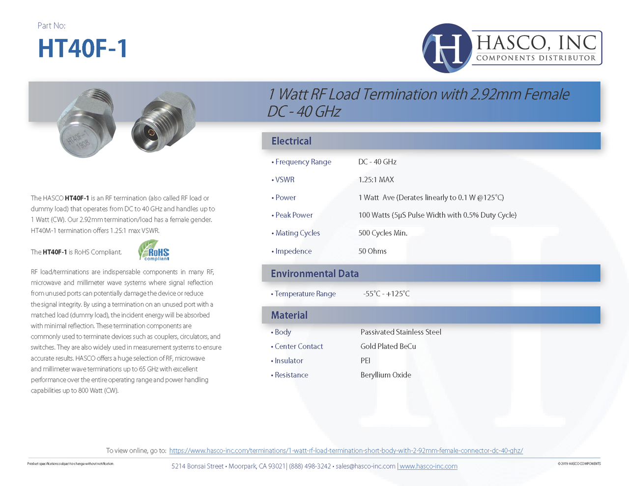 HT40F-1,1 Watt RF Termination , 2.92mm Female Connector, 40 GHz