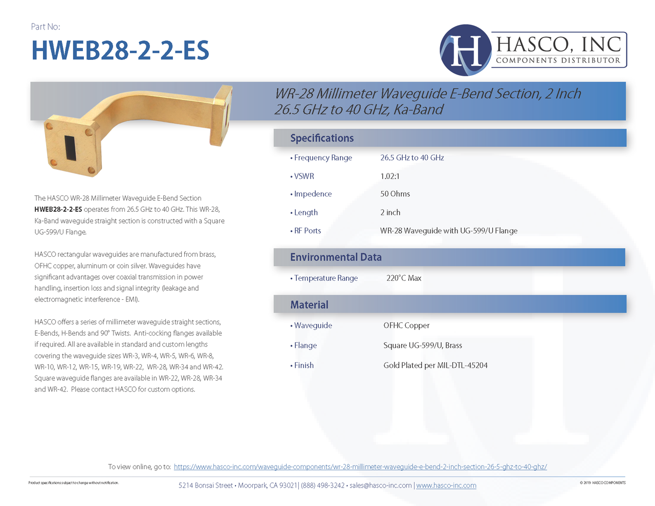 Waveguide Section, E-Bend, 2 Inch -26.5 GHz to 40 GHz, WR-28