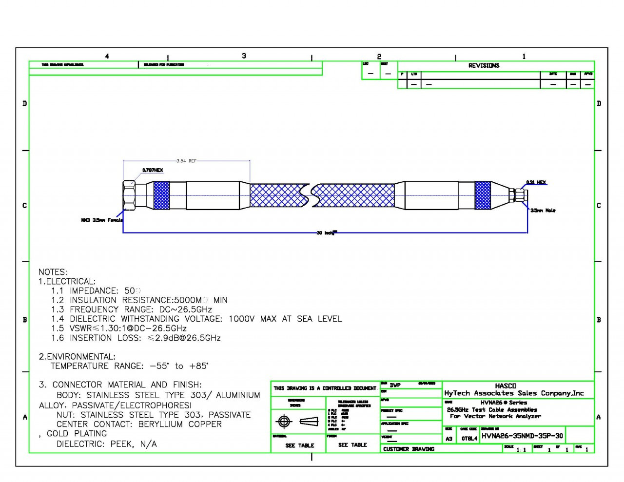HVNA26-35NMD-35P-30 3.5mm NMD Female to 3.5mm Male VNA Cable
