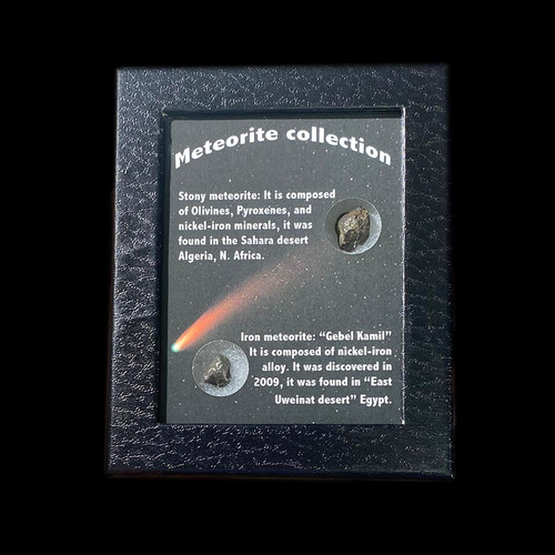 Meteorite collection in glass case