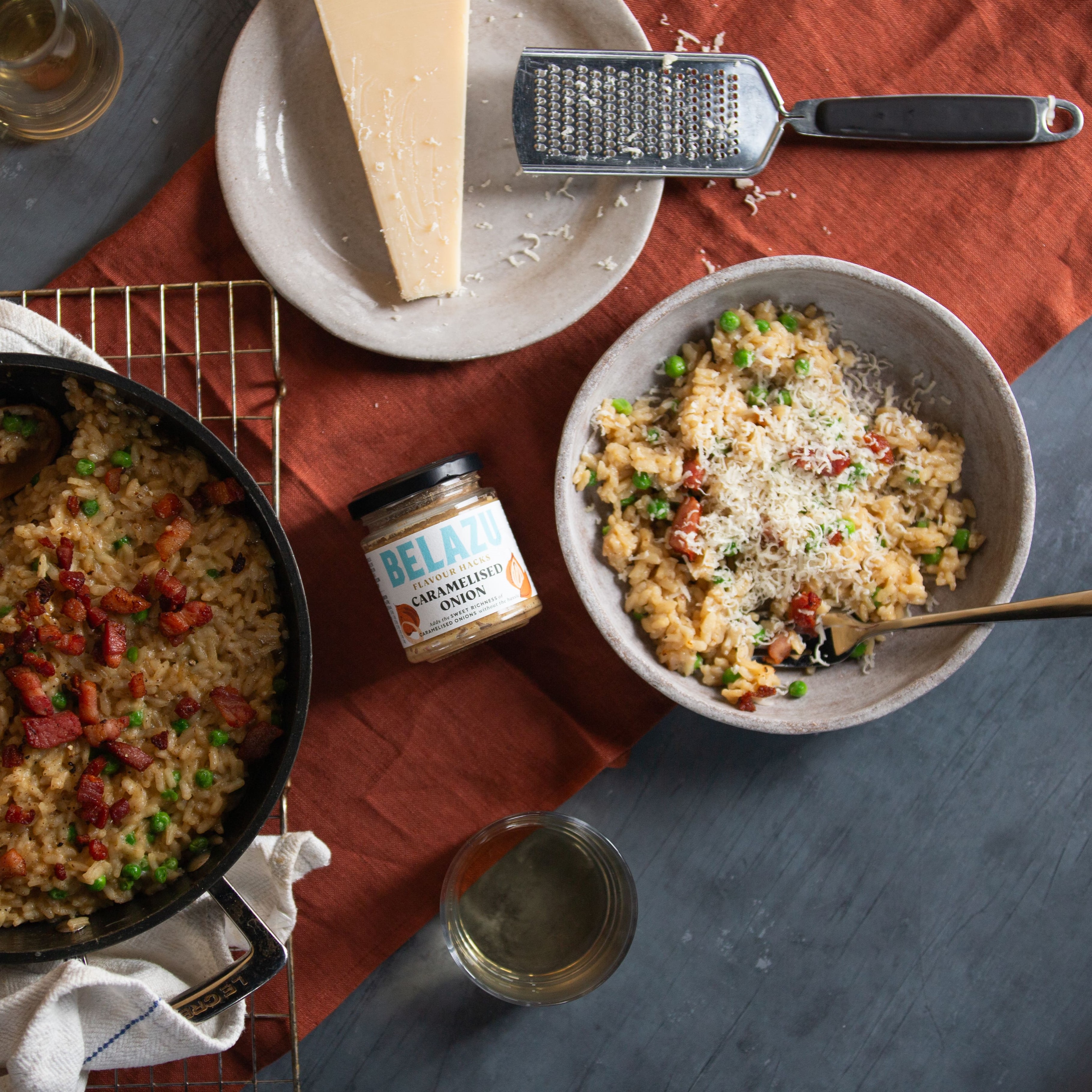 Caramelised Onion, Pea and Crispy Pancetta Baked Risotto - Belazu ...