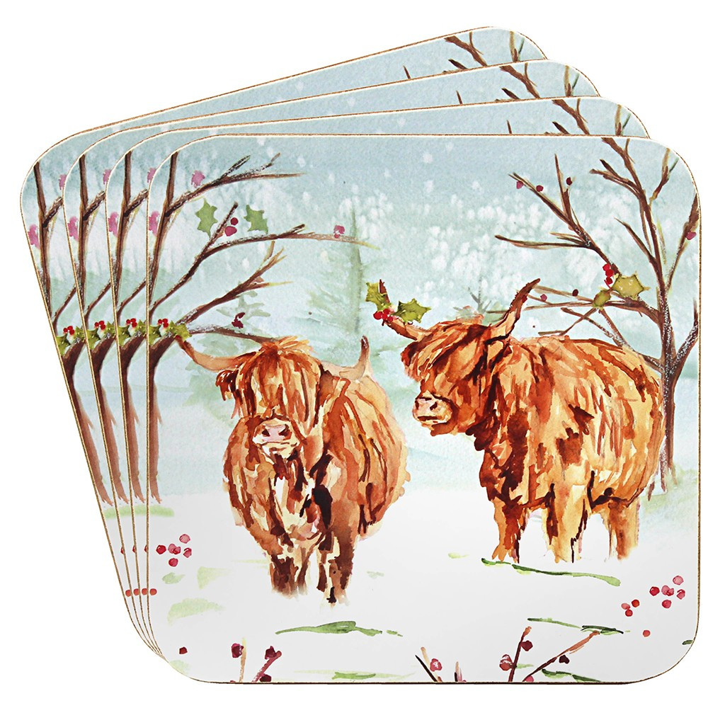 Rustic Highland Cow Coasters Set of 4 - Durable and Stylish