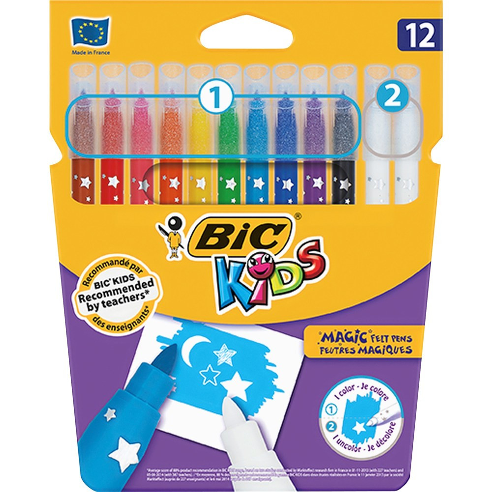 BIC COLOUR & ERASE FELT PENS Kids Pack of 12 - Melbourne Office Supplies