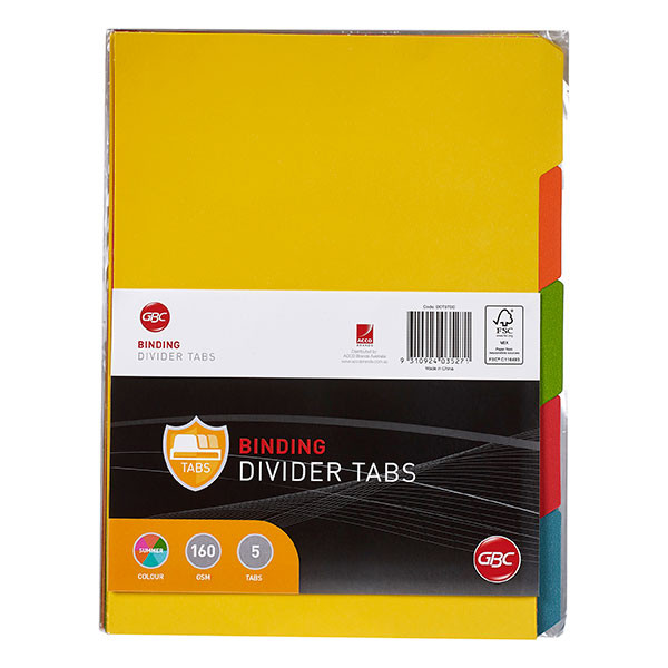 GBC BINDING TAB DIVIDERS A4 COLOUR PK5 - Melbourne Office Supplies