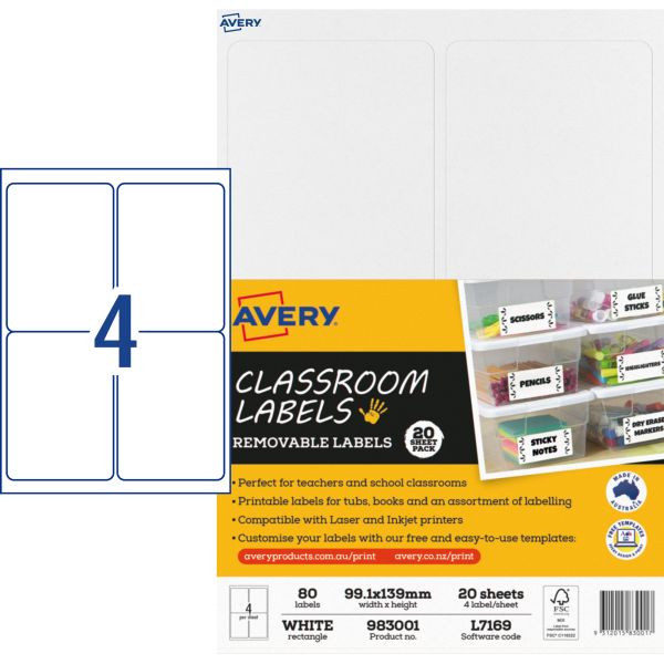 Avery Classroom Labels Laser Printer 99.1 x 139 mm White 80 Labels, 20 ...