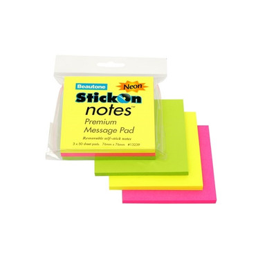Stick On Notes 76mm x 76mm 3 Pads x 50 Sheets - Neon Assorted (13239 ...