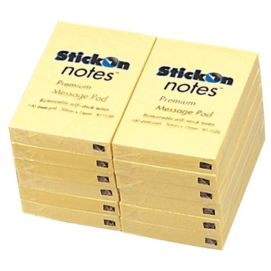 Stick On Notes 50mm x 76mm 12 Pads x 100 Sheets - Yellow (11020 ...