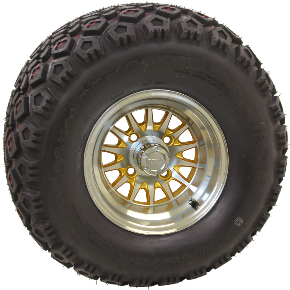 RHOX 10" Phoenix Machined Gold Wheels with Lifted Tire Options Combo ...